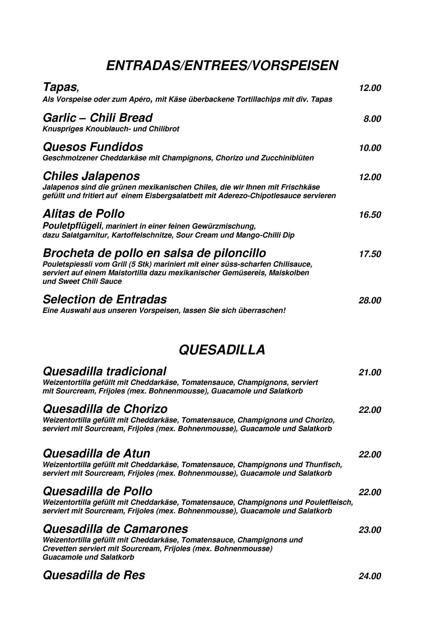 Menu au Restaurant El Mexicano Basel, Bale