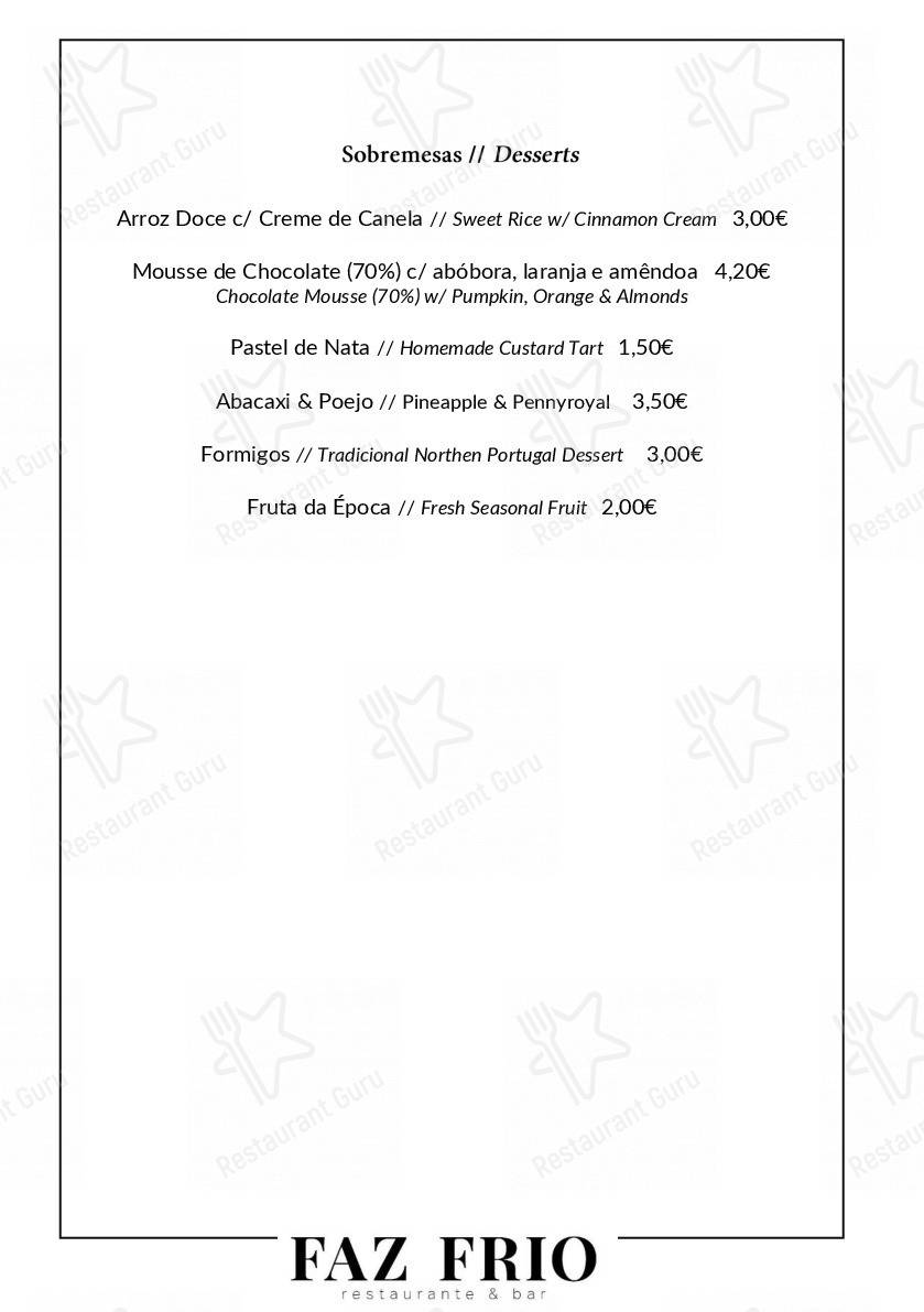 Menu at Faz Frio restaurant, Lisbon