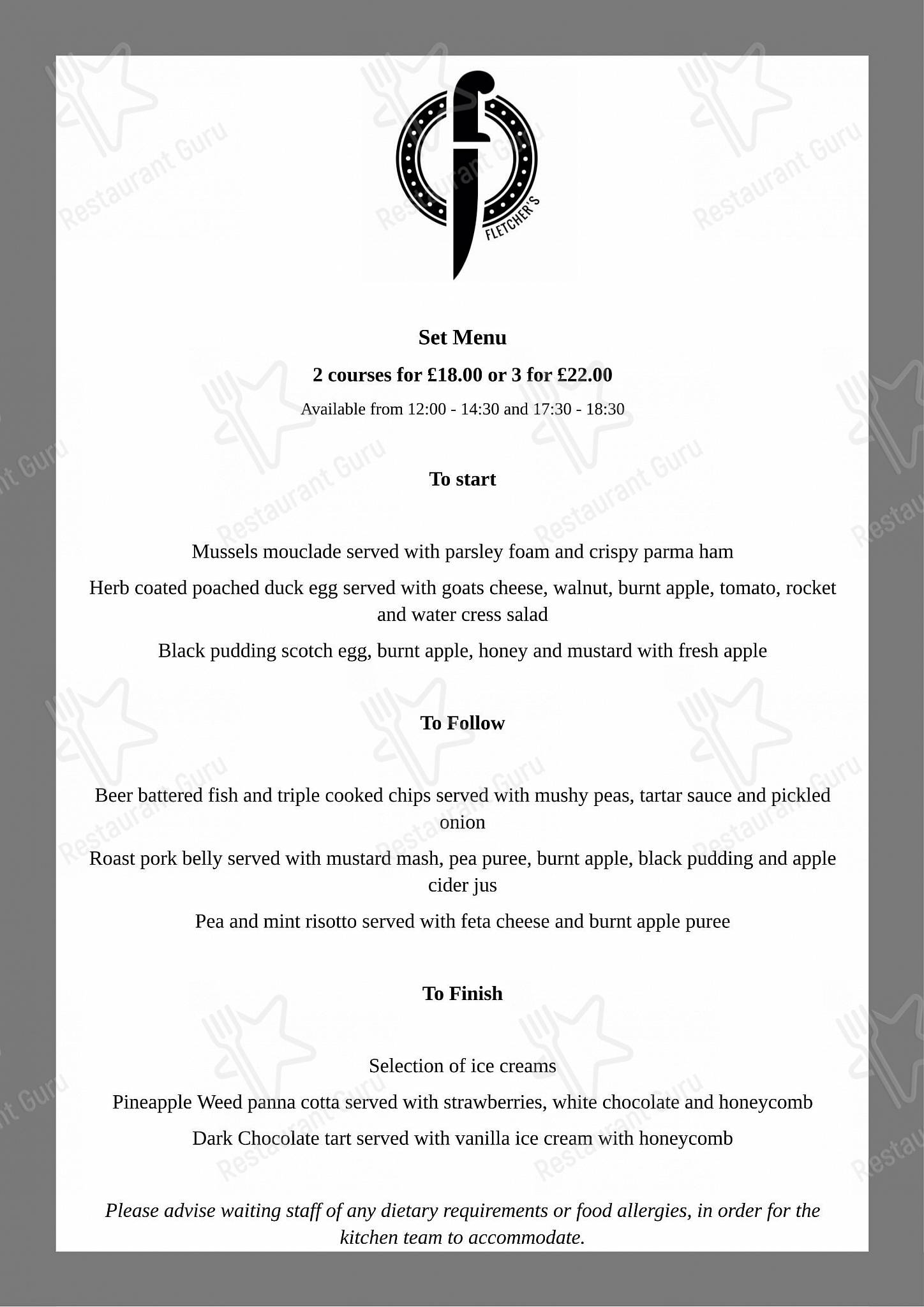 Menu at Fletcher's Restaurant, Plymouth