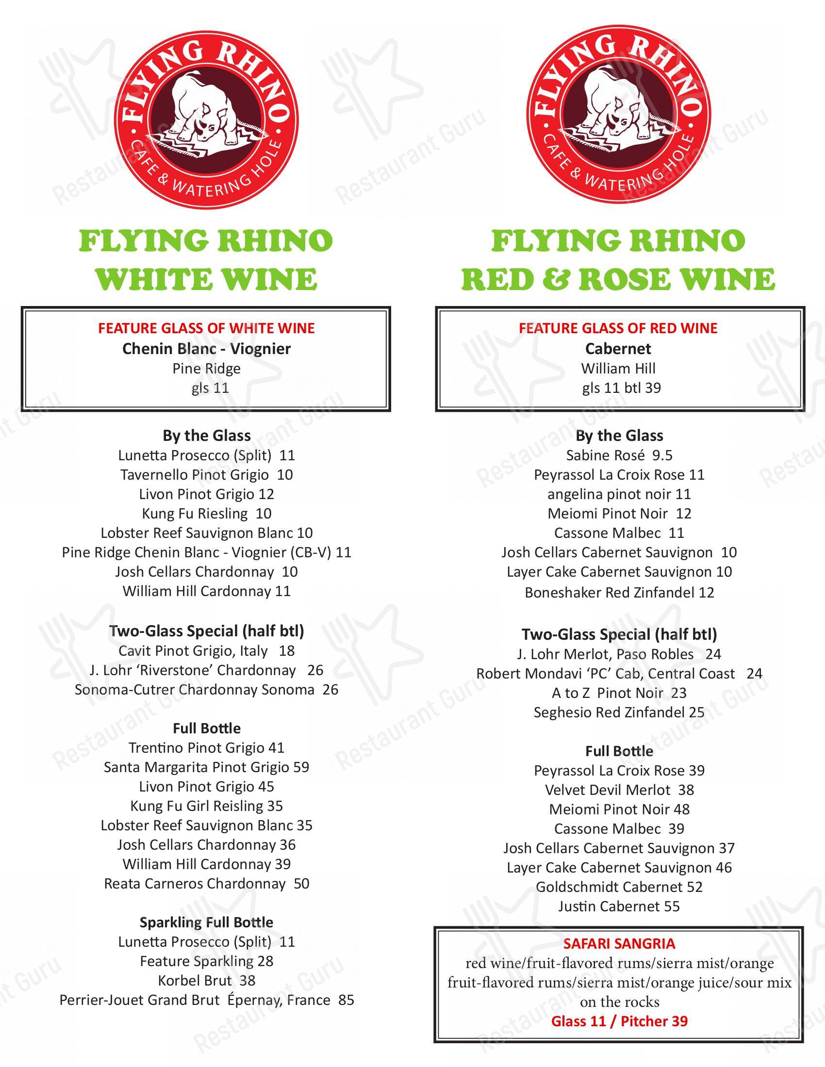 Menu at Flying Rhino Cafe, Worcester