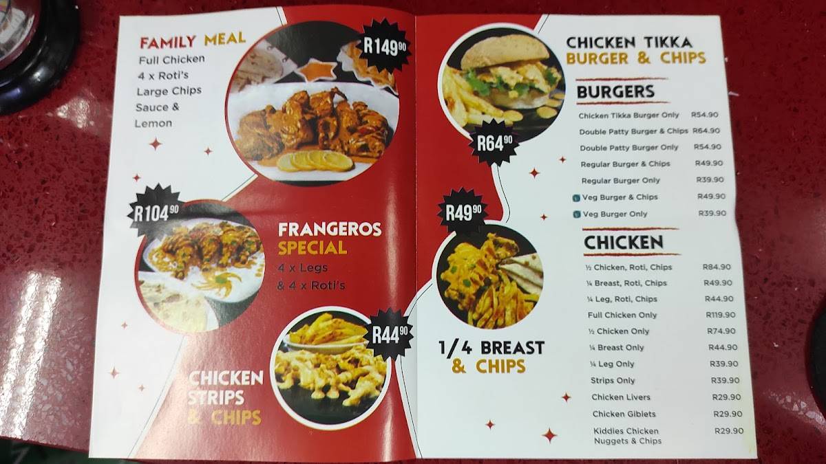 Menu at Frangeros Durban North restaurant, Durban