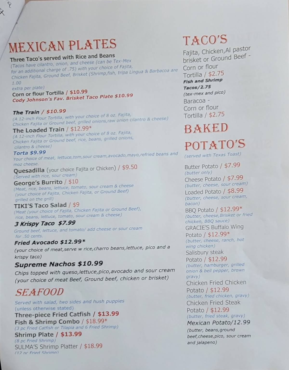 Menu at Frank's Taco Station restaurant, Riverside