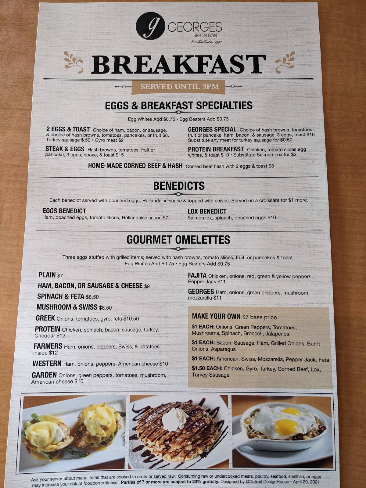Menu at G. Georges restaurant, West Bloomfield Township