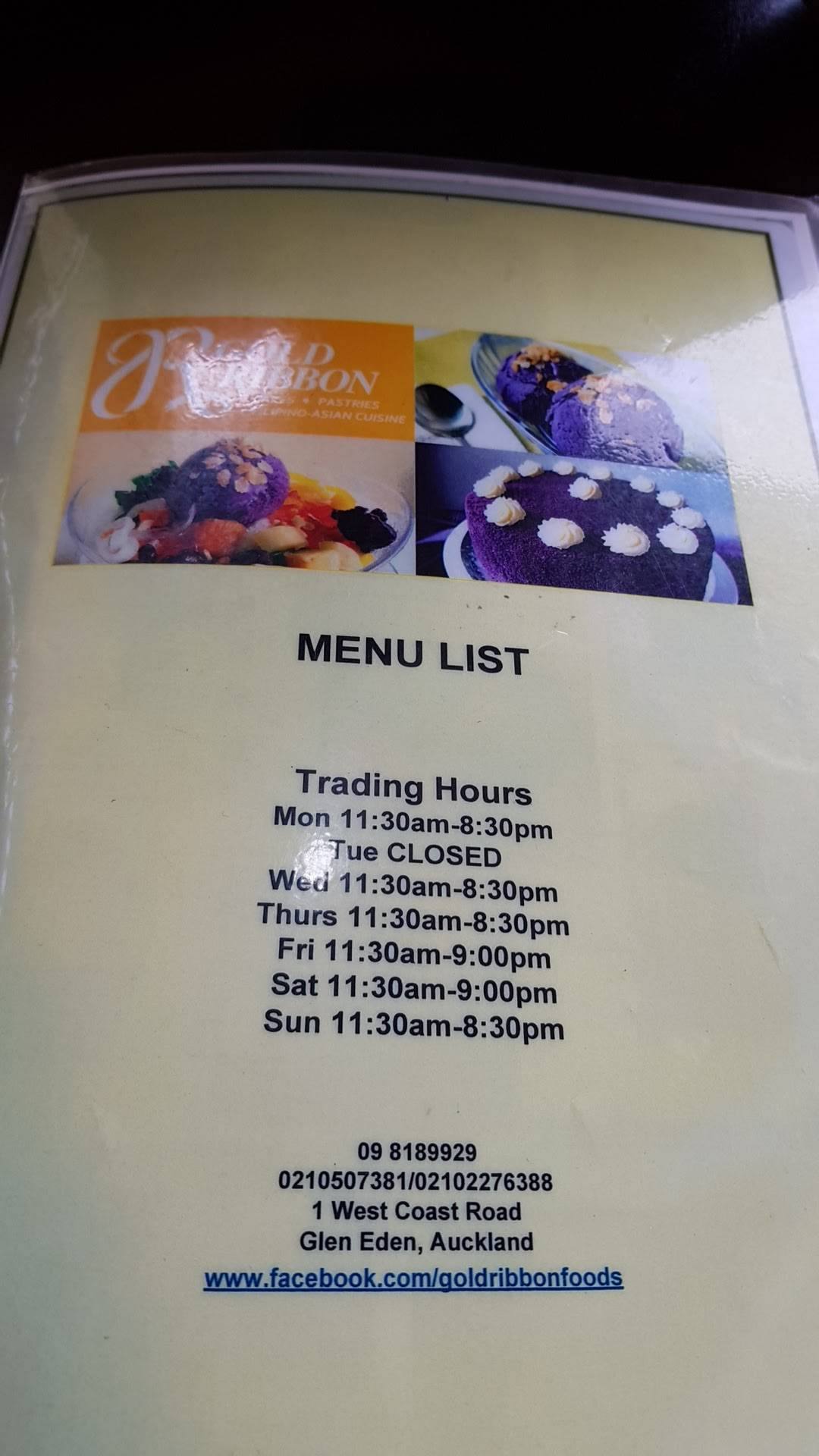 Menu at Gold Ribbon restaurant, Auckland