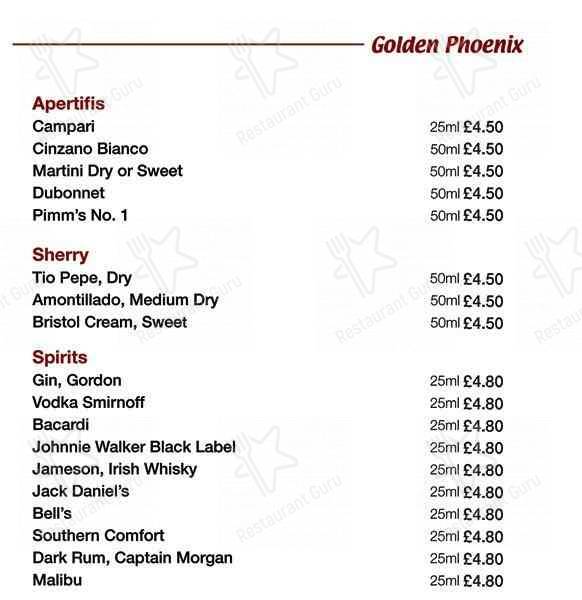 Menu at Golden Phoenix restaurant, London, 37-38 Gerrard St