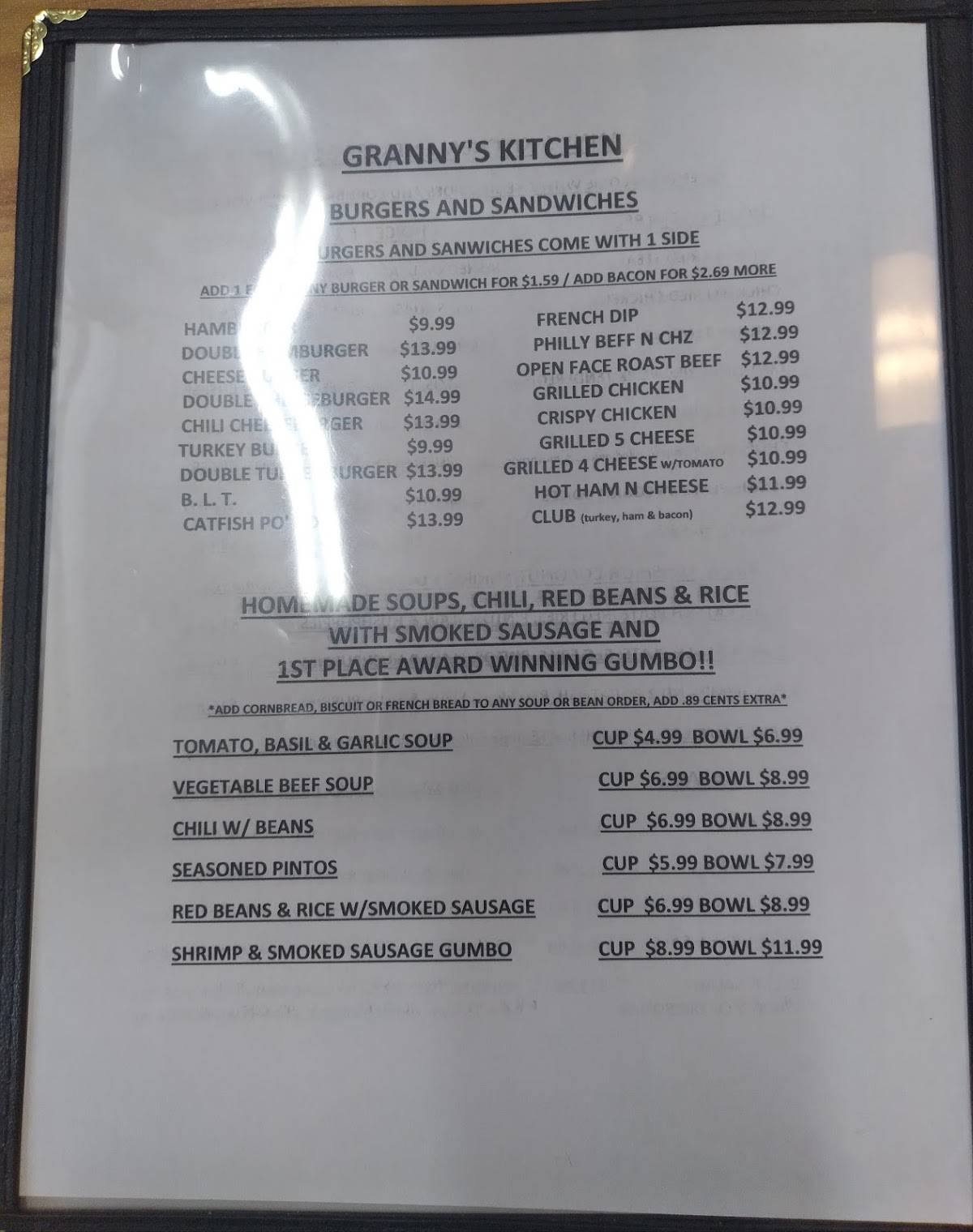 Menu at Granny's Kitchen restaurant, Hot Springs