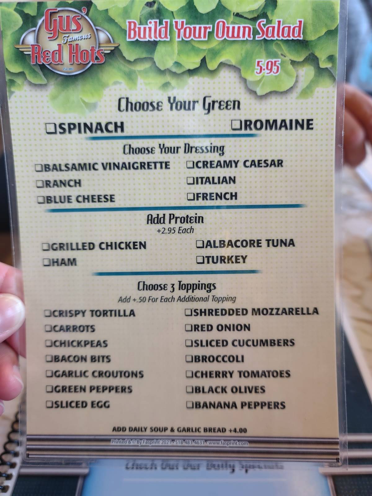 Menu at Gus' Red Hots restaurant, Plattsburgh