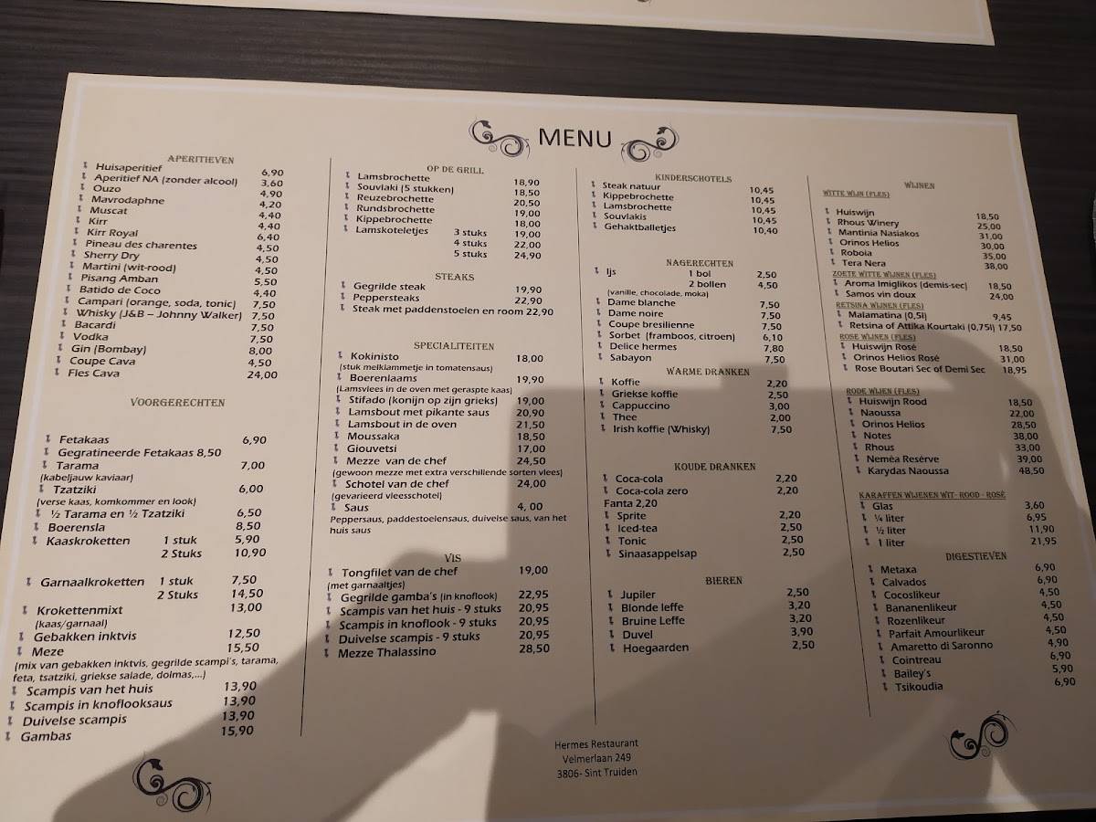 Menu at Hermes, Sint-Truiden