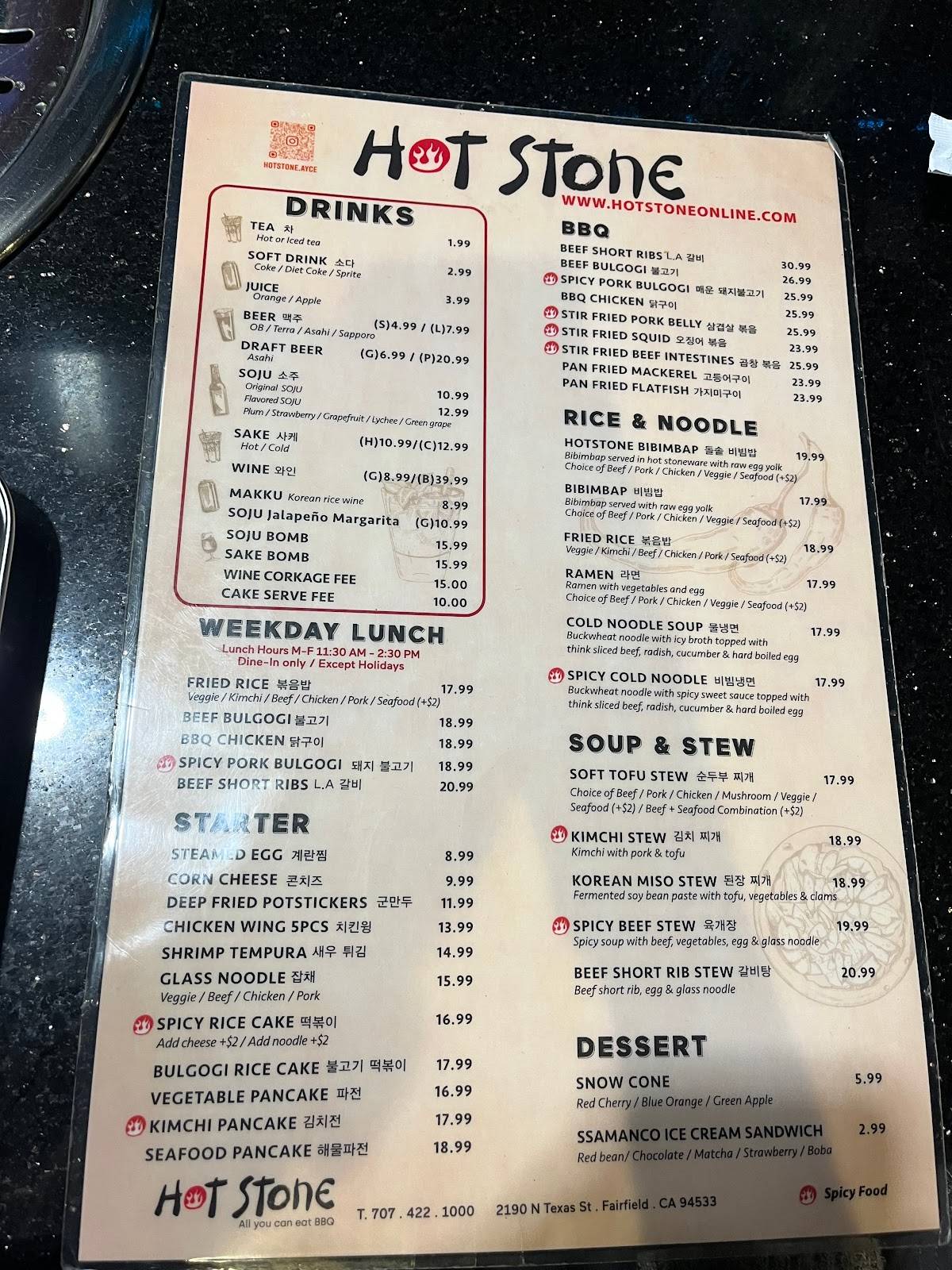 Menu at Hot Stone Korean Kitchen restaurant, Fairfield