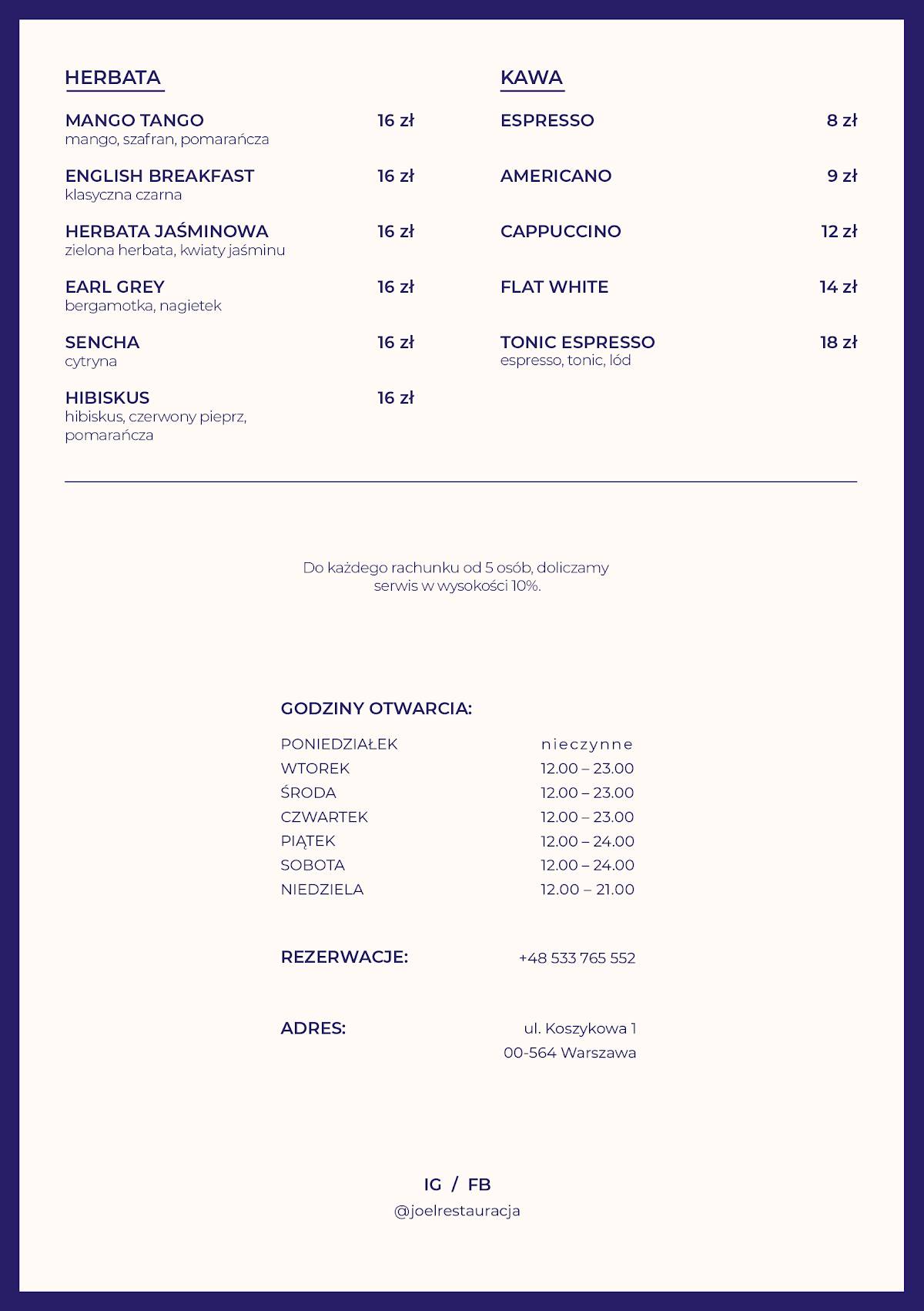 Menu at JOEL SHARING CONCEPT restaurant, Warsaw