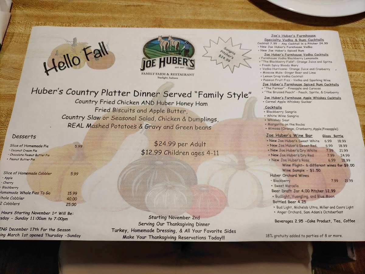 Menu at Joe Huber's Family Farm & Restaurant, USA