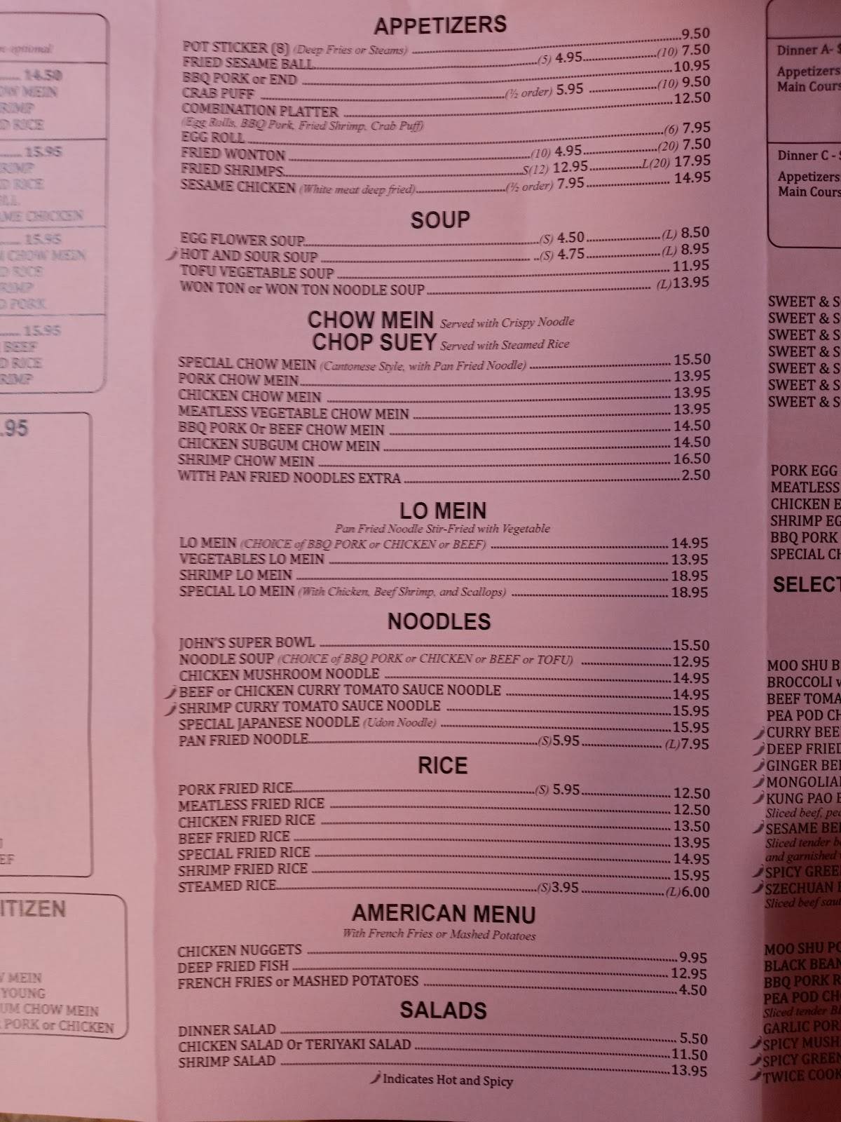Menu at John's Chinese Restaurant, Keizer