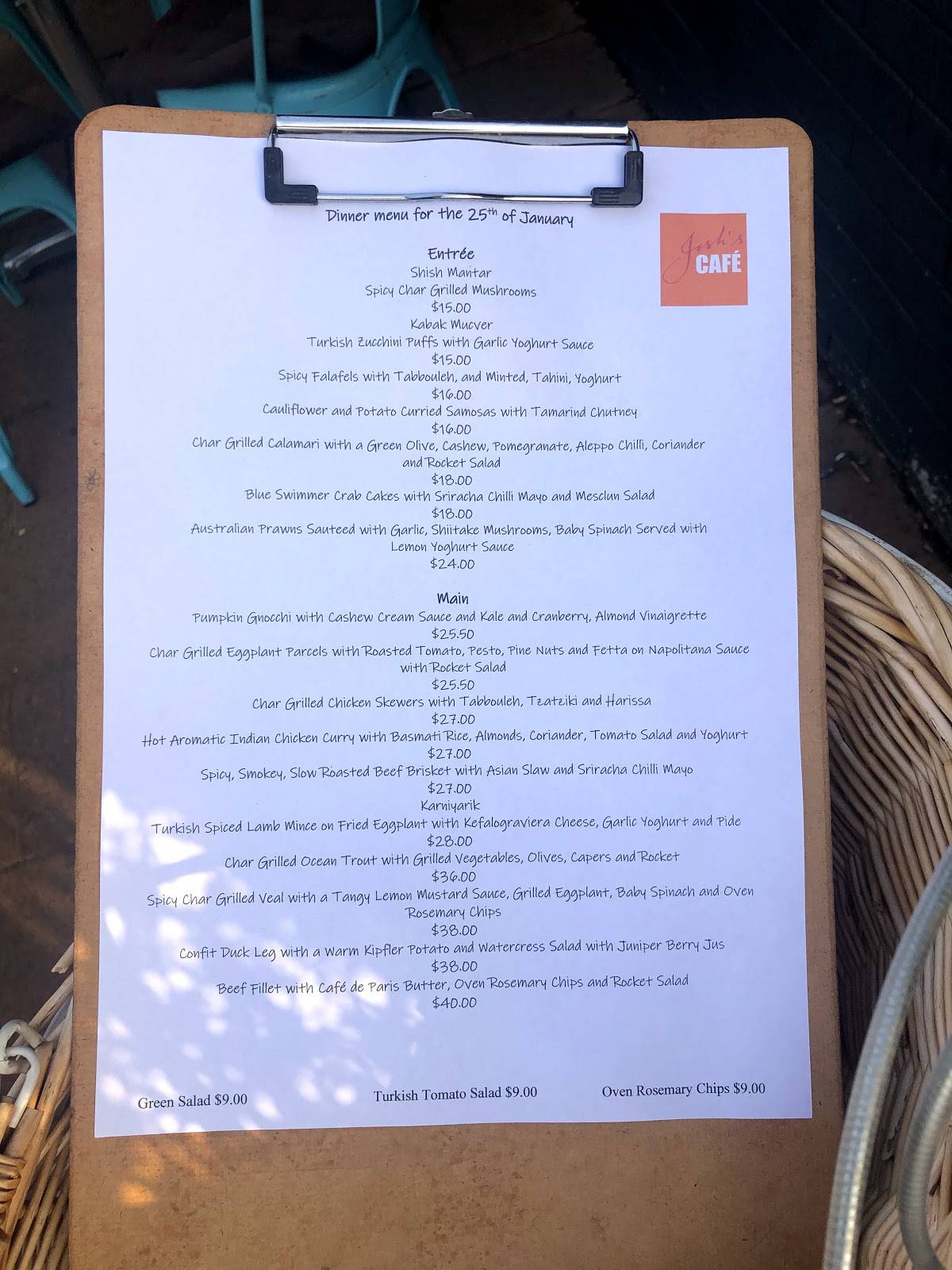 Menu at Josh's Cafe, Berrima