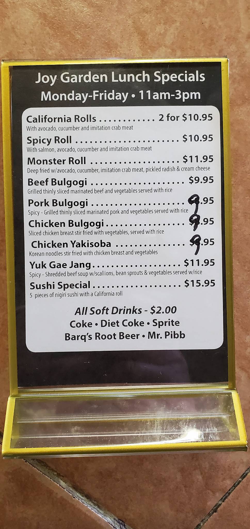 Menu at Joy Garden restaurant, Yakima