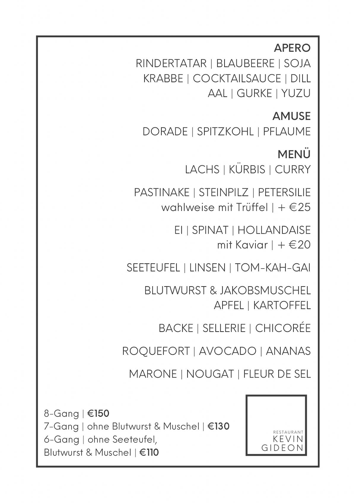 Speisekarte von Restaurant Kevin Gideon, Oldenburg
