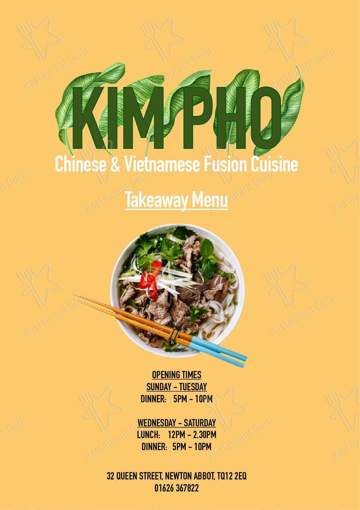 Menu at Kim Pho restaurant, Newton Abbot