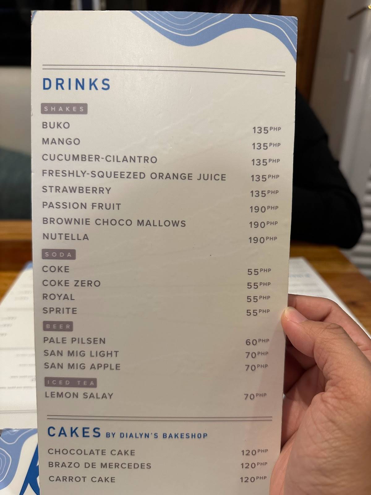 Menu at Kubli Bistro restaurant, Baler
