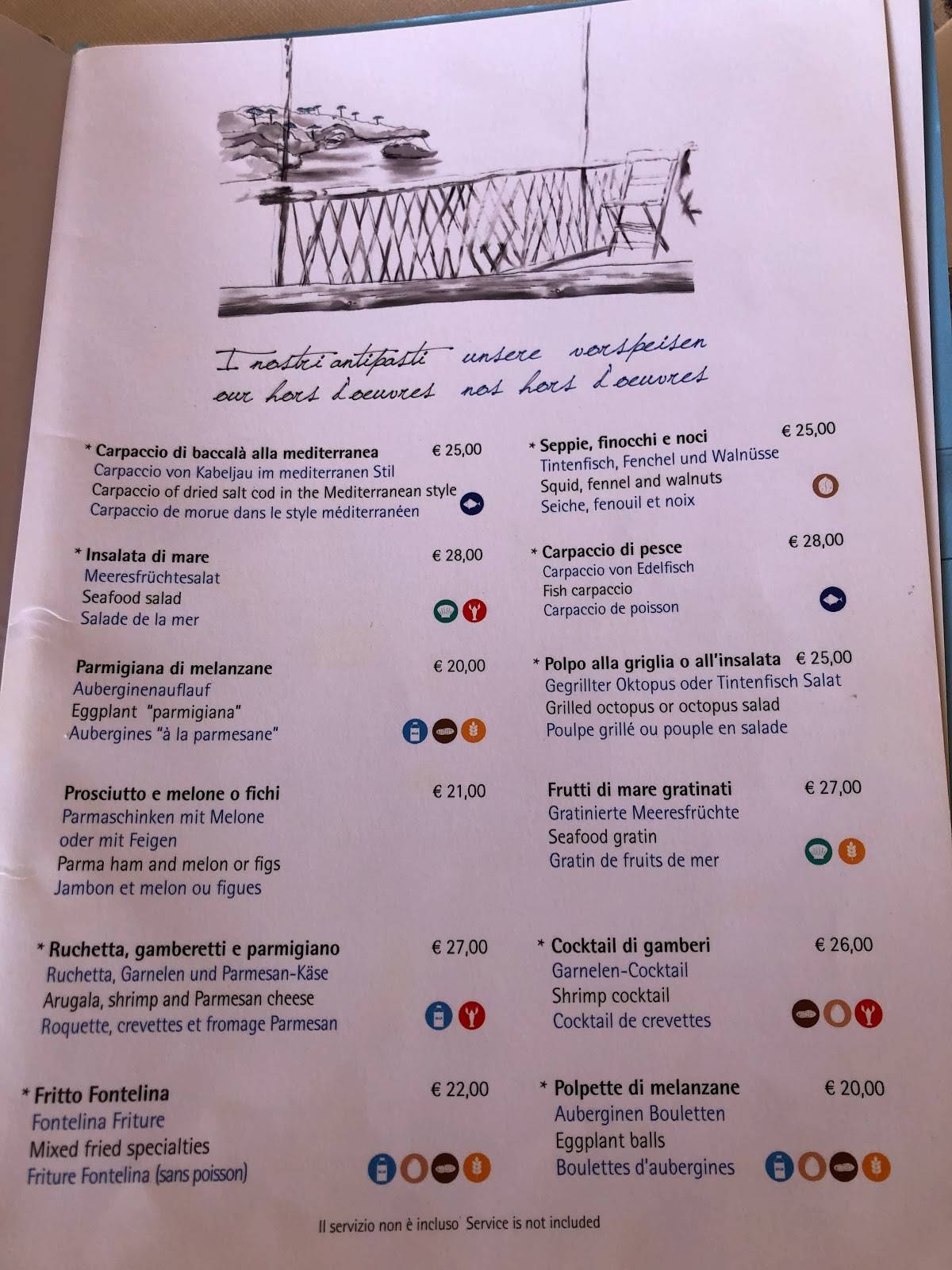 Menu at La Fontelina restaurant, Capri, Via dei Faraglioni