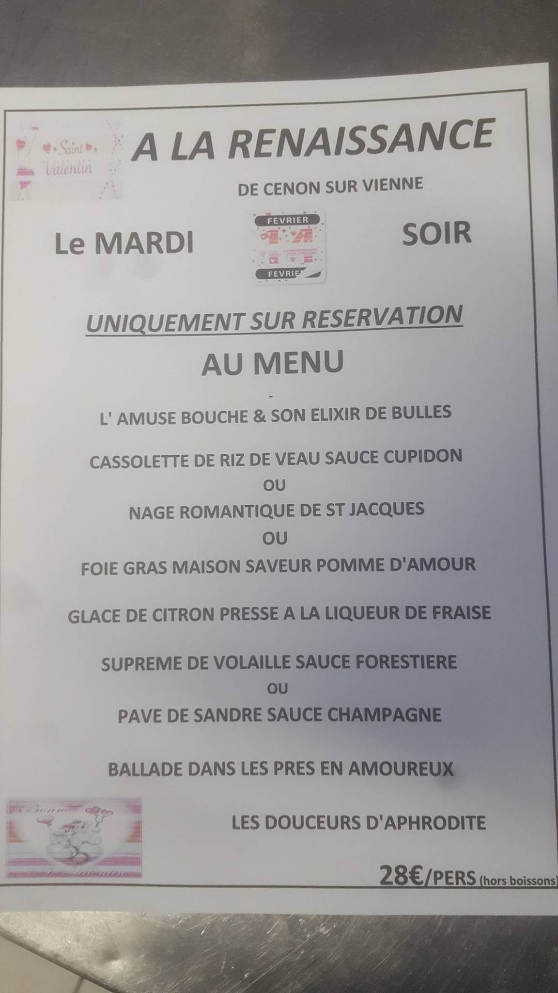 Menu au La Renaissance restaurant, Cenon-sur-Vienne