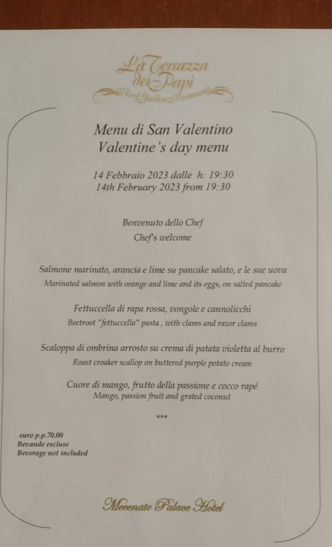 Menu da Roof Garden La Terrazza dei Papi ristorante, Roma