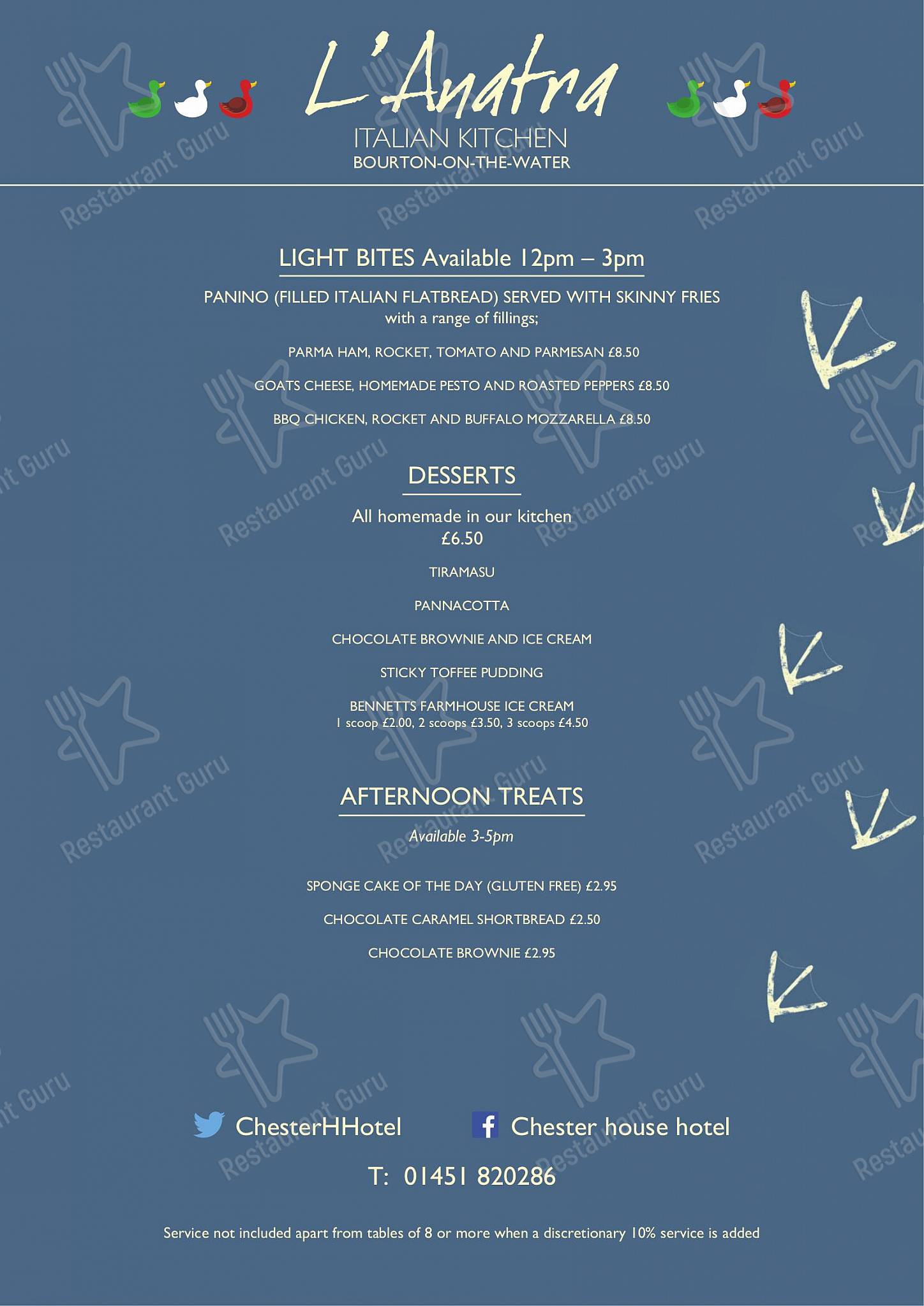 Menu at L'anatra restaurant, Bourton-on-the-Water
