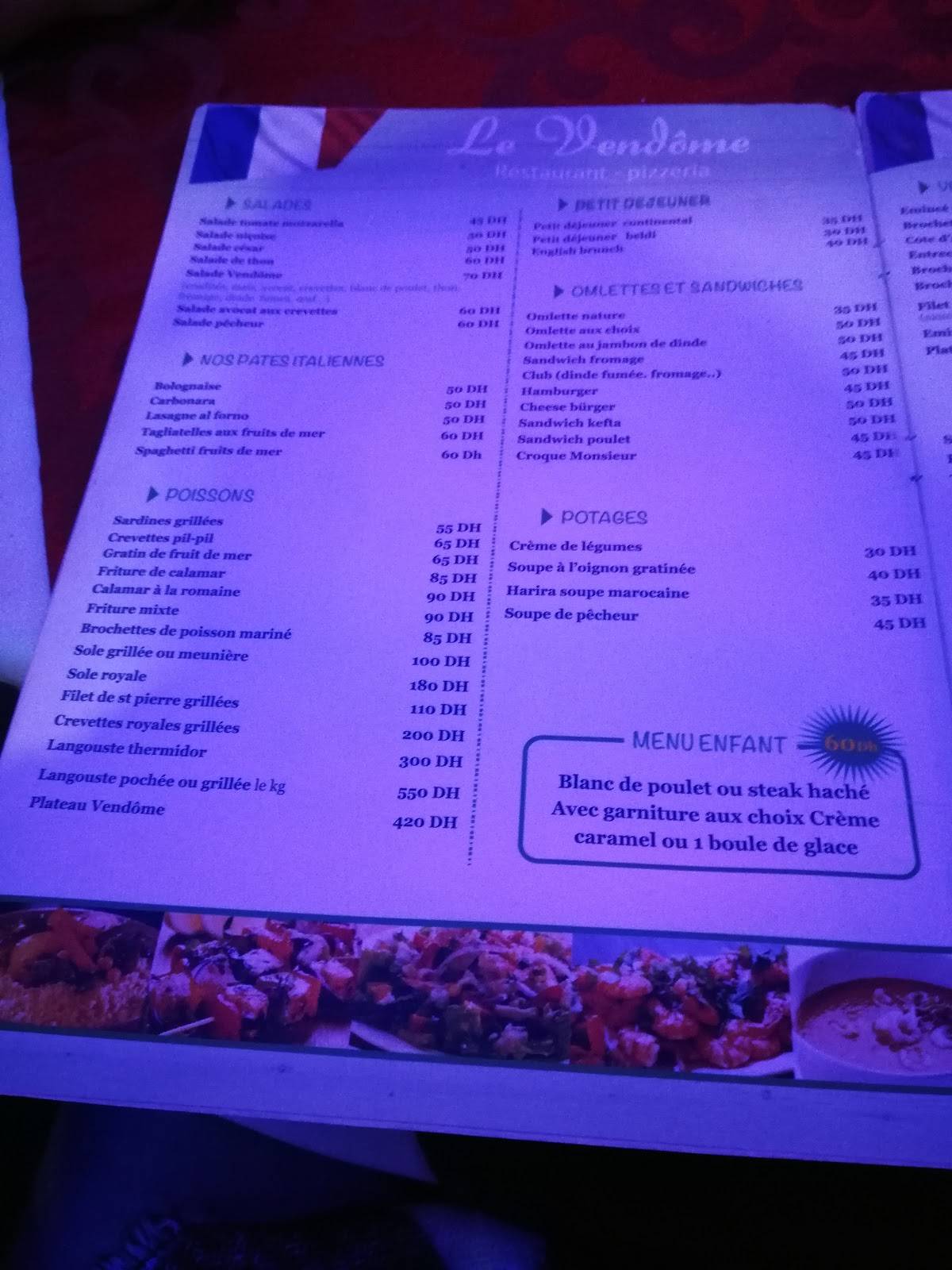 Menu at Le Vendôme restaurant, Agadir