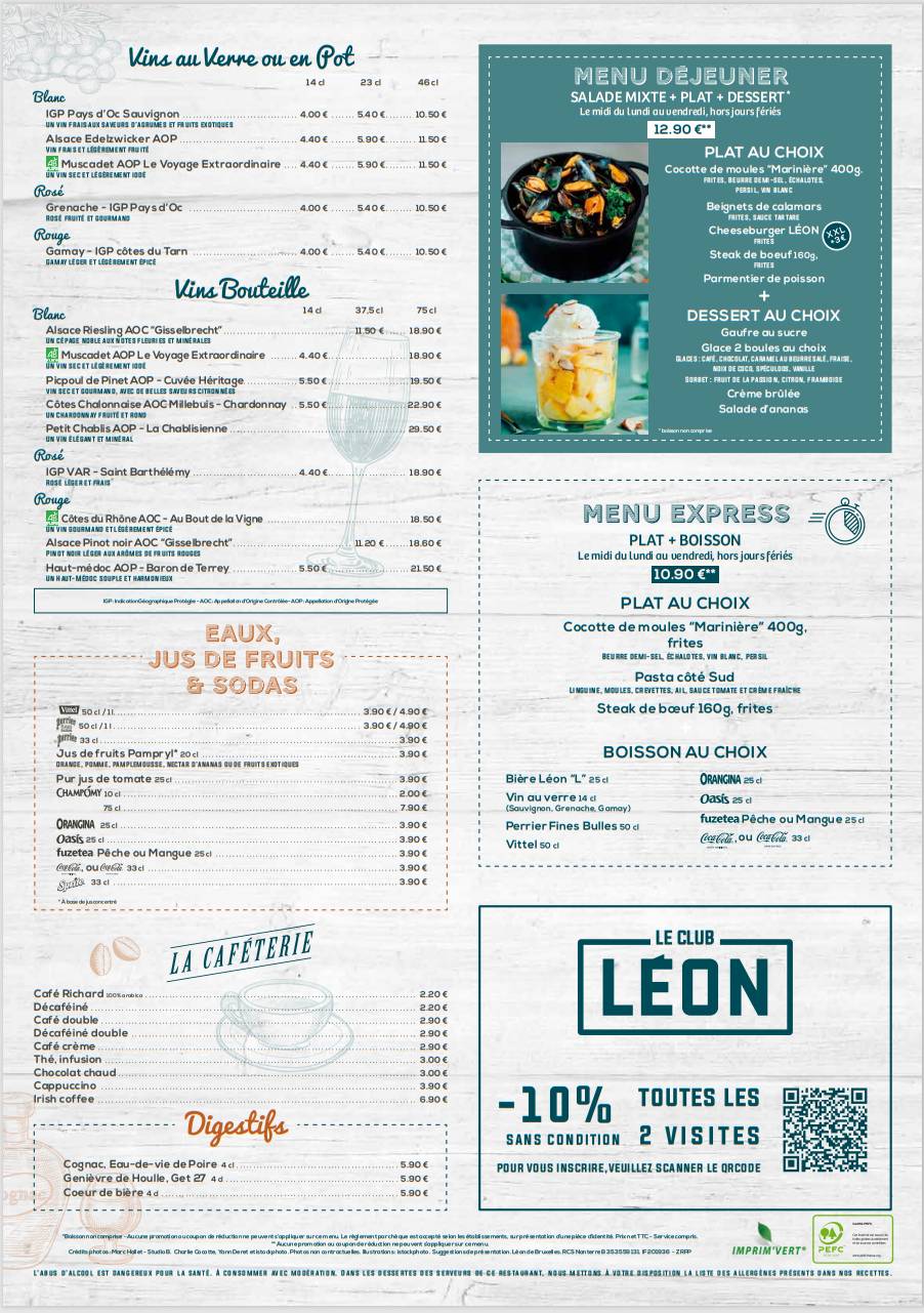 Menu au Léon restaurant, Évreux, Route Nationale 13