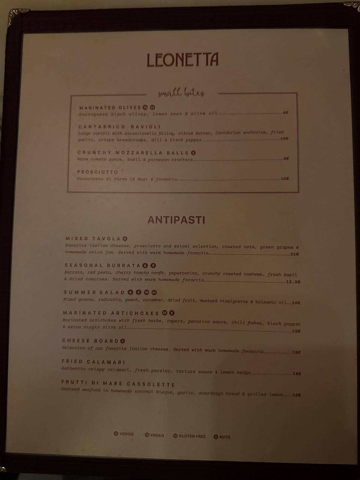 Menu at Leonetta restaurant, Lisbon