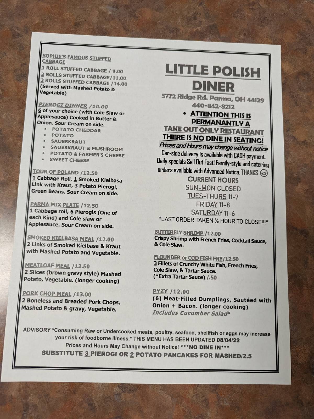Menu at Little Polish Diner restaurant, Parma