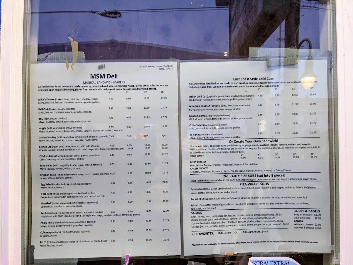 Menu at MSM Deli restaurant, Tacoma