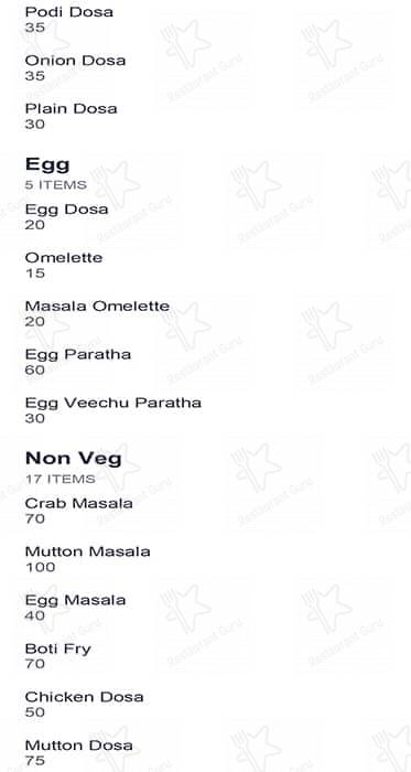Menu at Madurai Krishna Pandian Hotel, Chennai