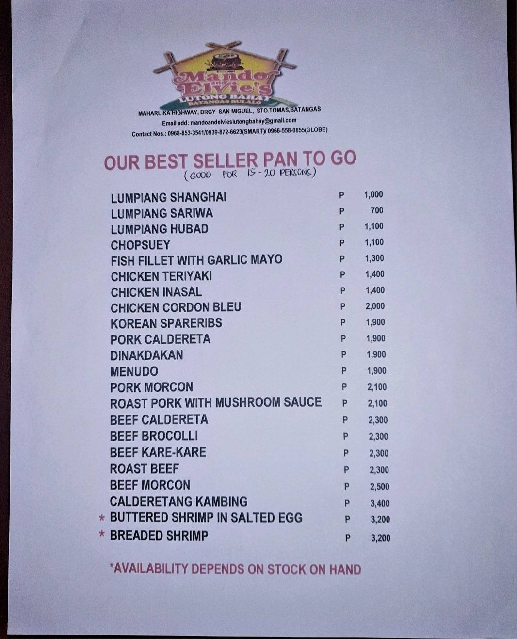 Menu at Mando And Elvie's Lutong Bahay restaurant, Santo Tomas