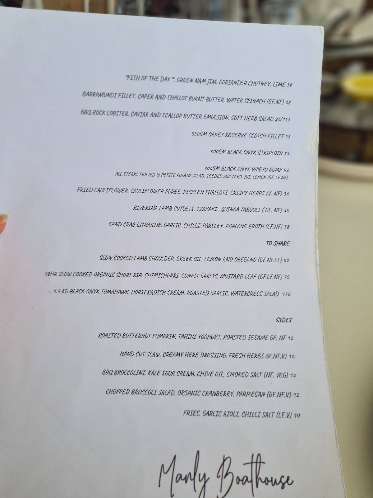 Menu at Manly Boathouse restaurant, Manly