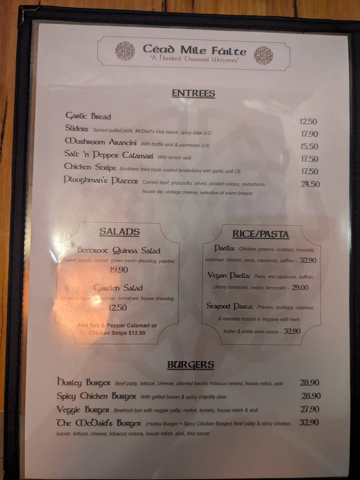 Menu at McDaids Irish Pub, Rosebud