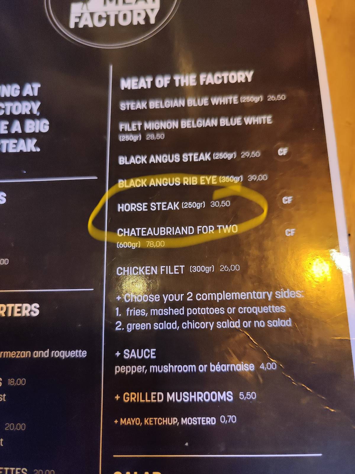Menu at Meat Factory Gent, Ghent