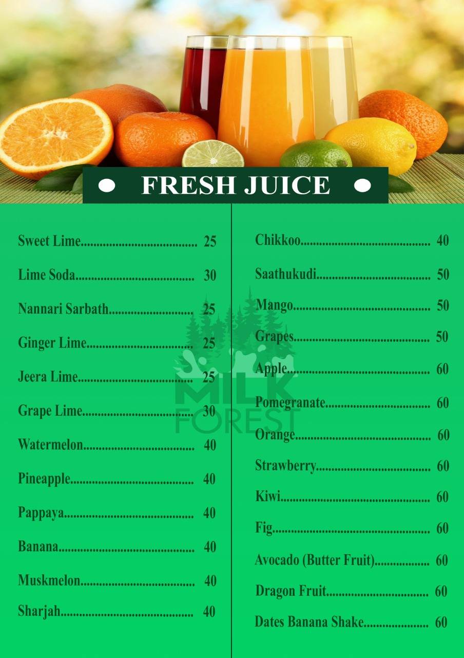 Menu at Milk Forest, Chennai