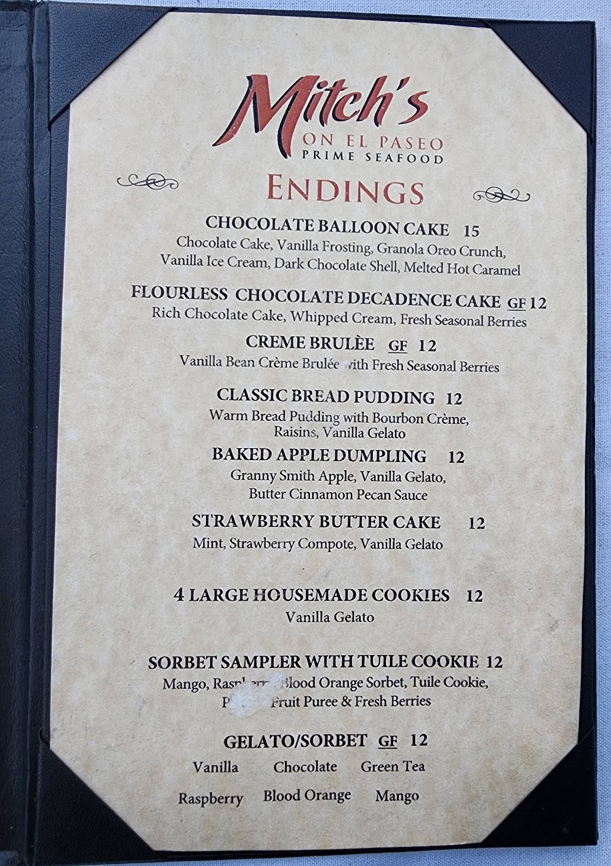 Menu at Mitch's on El Paseo Prime Seafood restaurant, Palm Desert