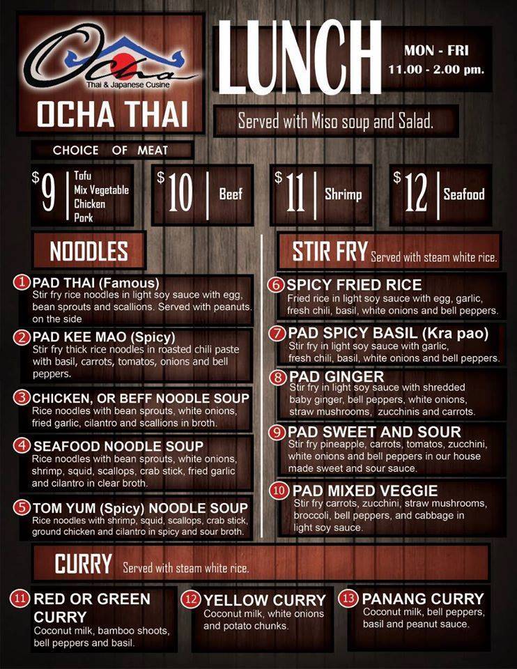 Menu at Ocha Thai & Japanese Cuisine restaurant, Creve Coeur