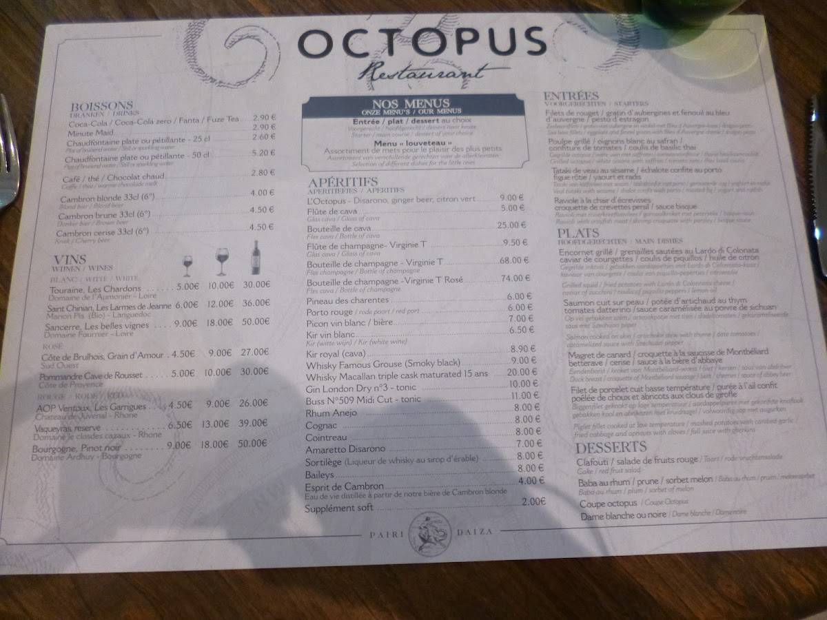 Menu au Octopus Restaurant, Brugelette, The Paddling Bear Hotel