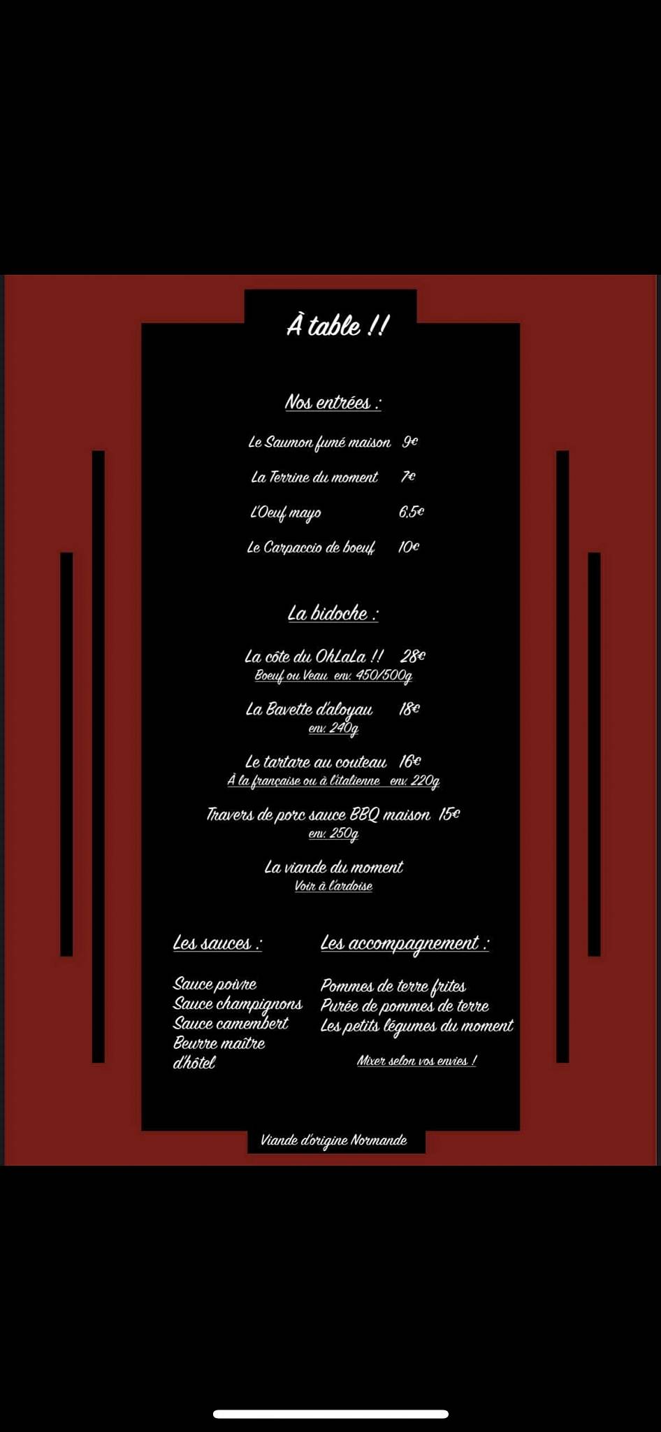 Menu at Oh La La !! restaurant, Bayeux