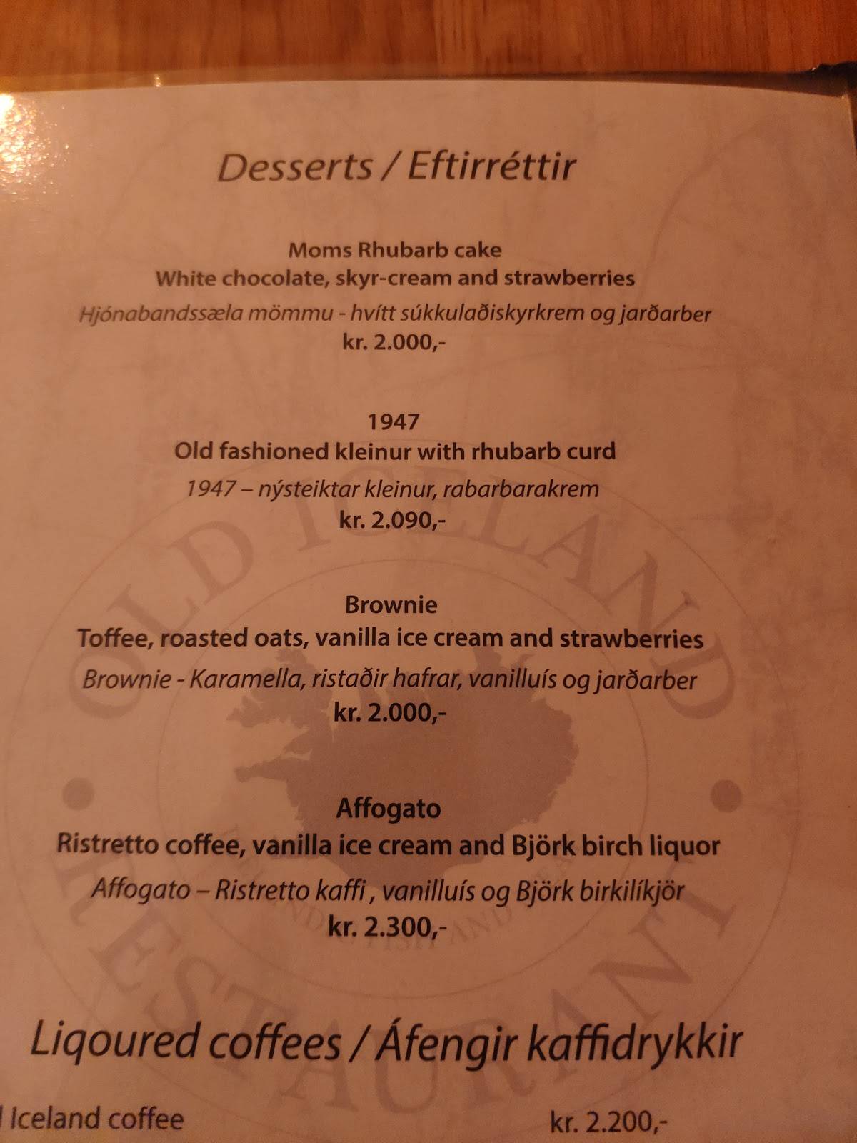 Menu at Old Iceland restaurant, Reykjavík