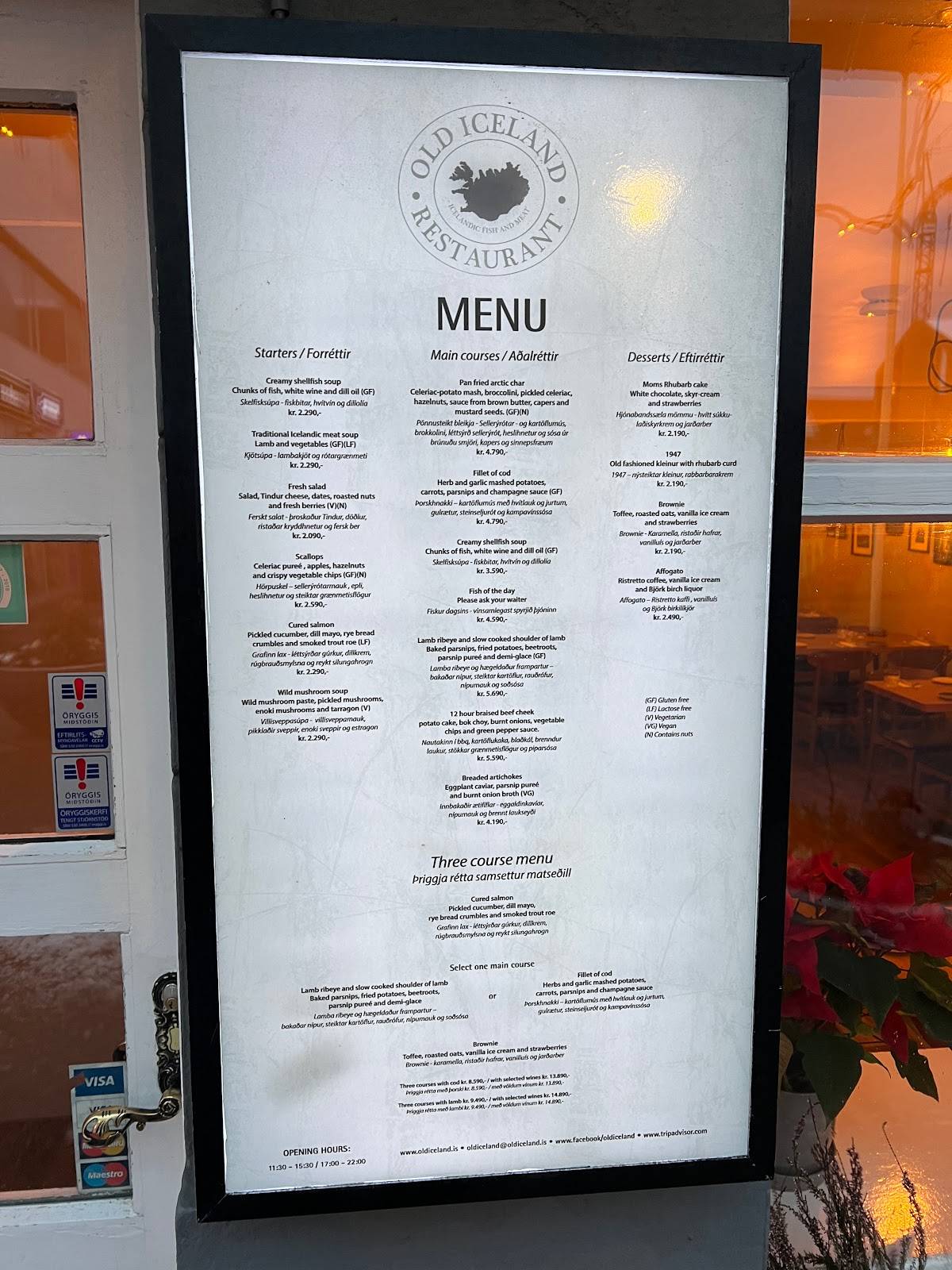 Menu at Old Iceland restaurant, Reykjavík
