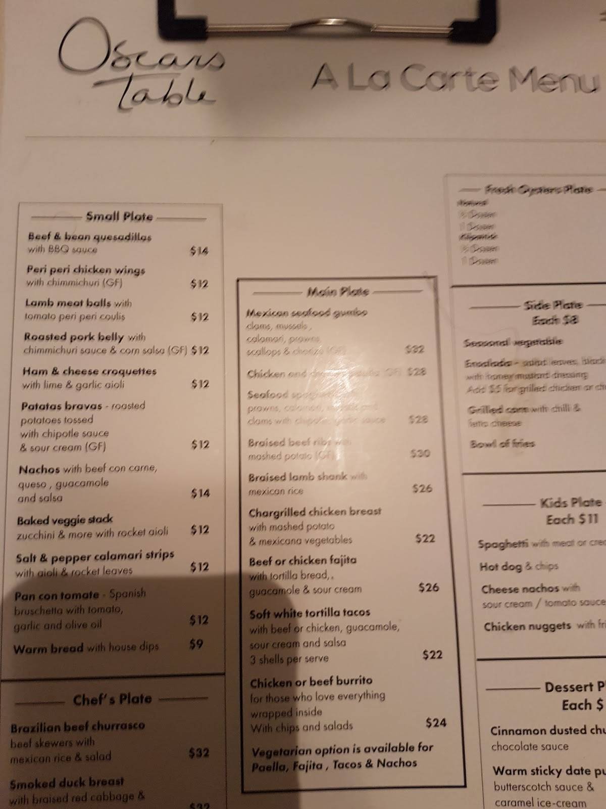 Menu at Oscars Table restaurant, Docklands