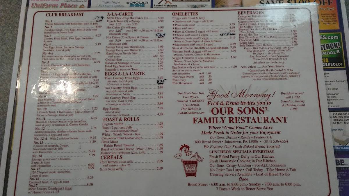 Menu at Our Sons' Family Restaurant, Johnstown