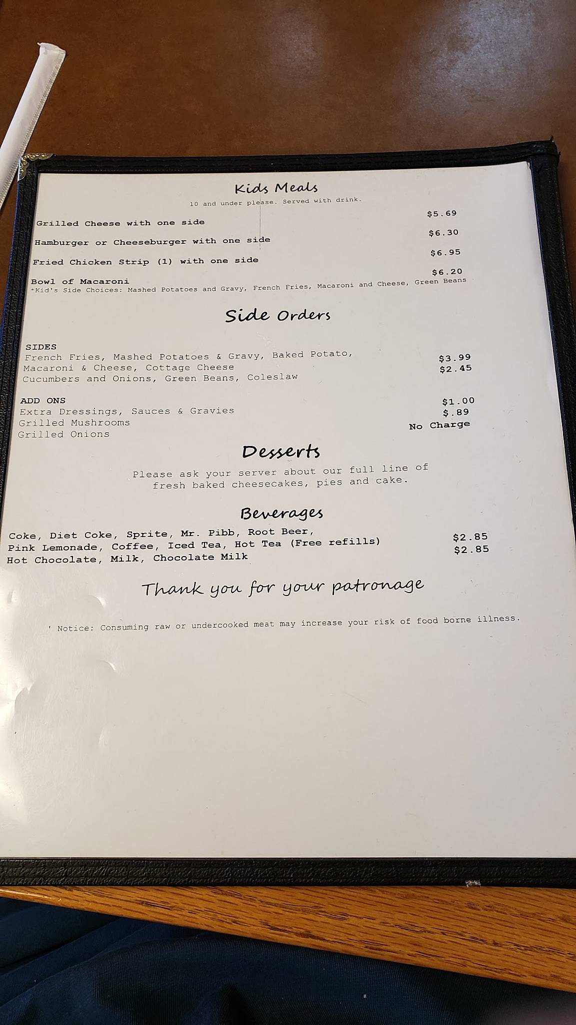 Menu at PT's restaurant, Oak Grove