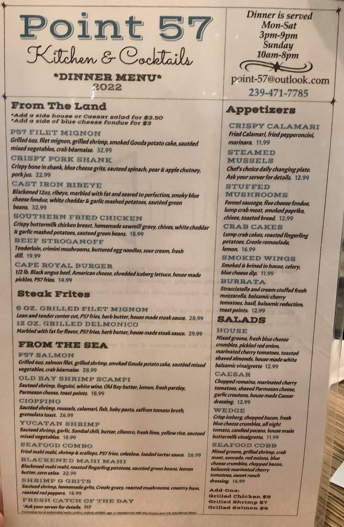 Menu at Point 57 Kitchen & Cocktails restaurant, Cape Coral