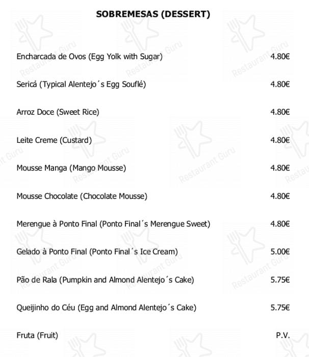 Menu at Ponto Final restaurant, Almada