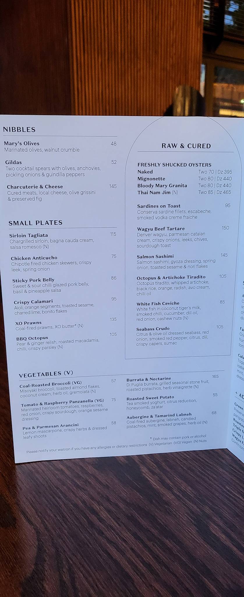 Menu at PROUD MARY restaurant, Johannesburg, The Bank