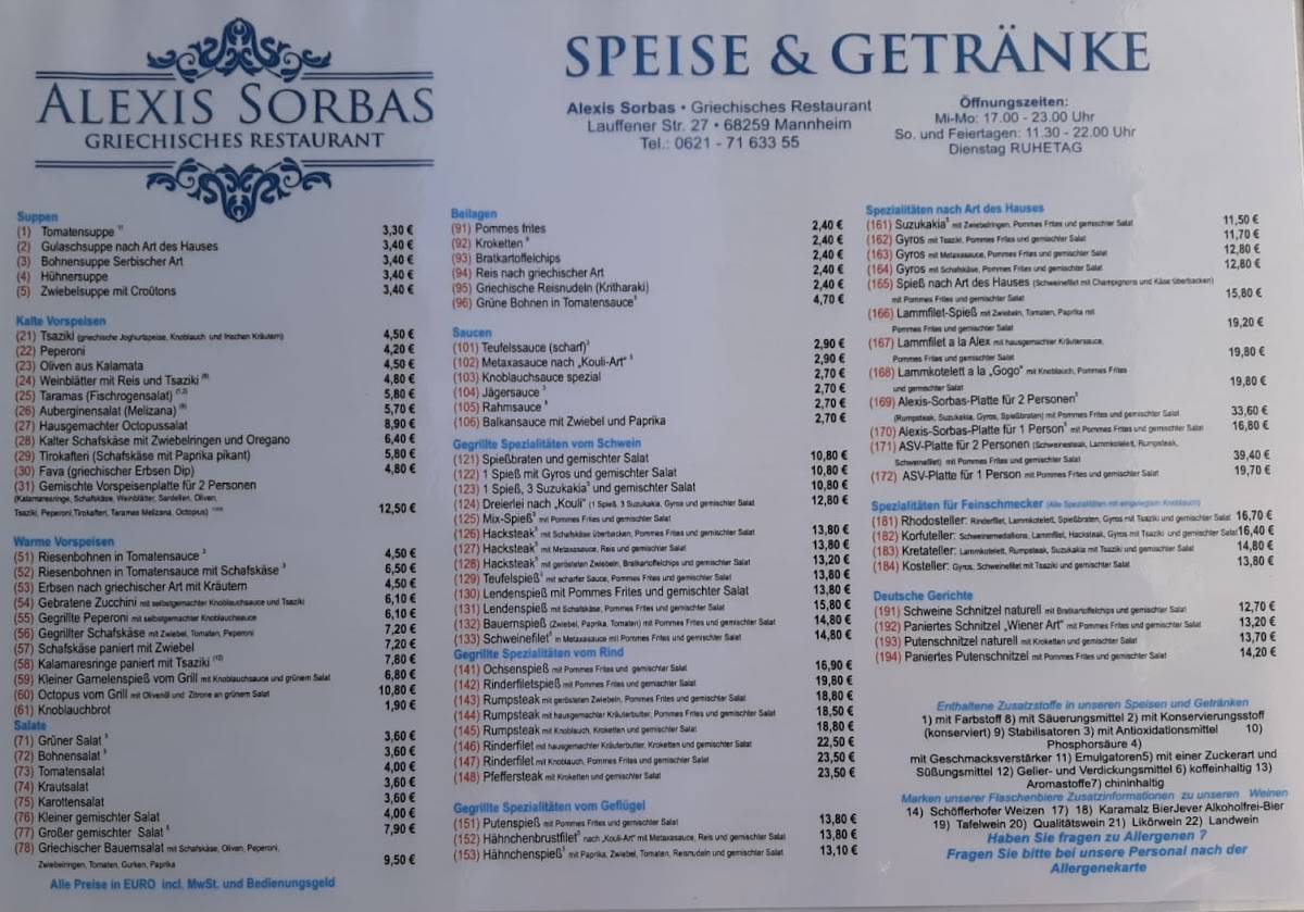 Carta de Restaurant Alexis Sorbas, Mannheim