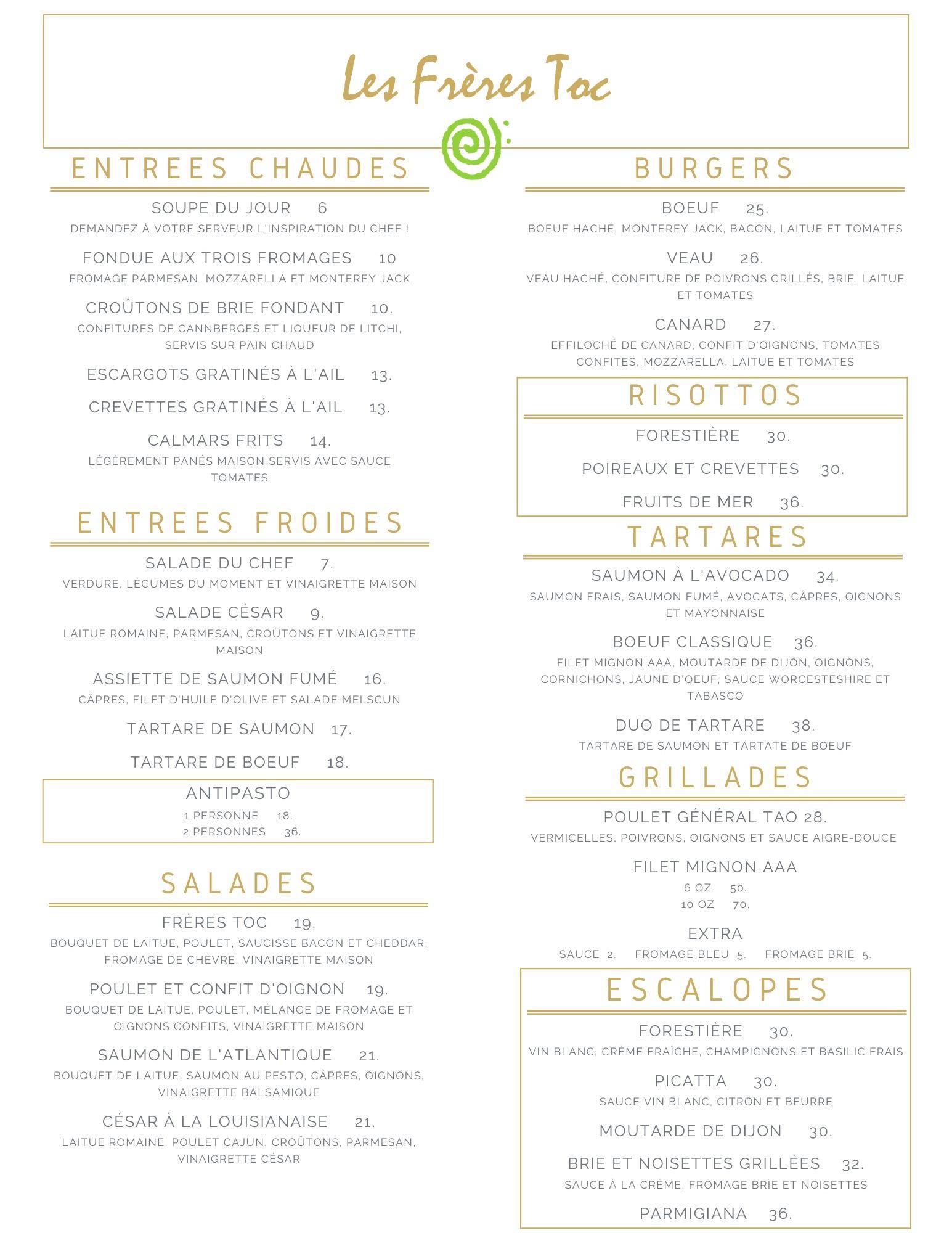 Carta de Restaurant Les Frères Toc, Quebec